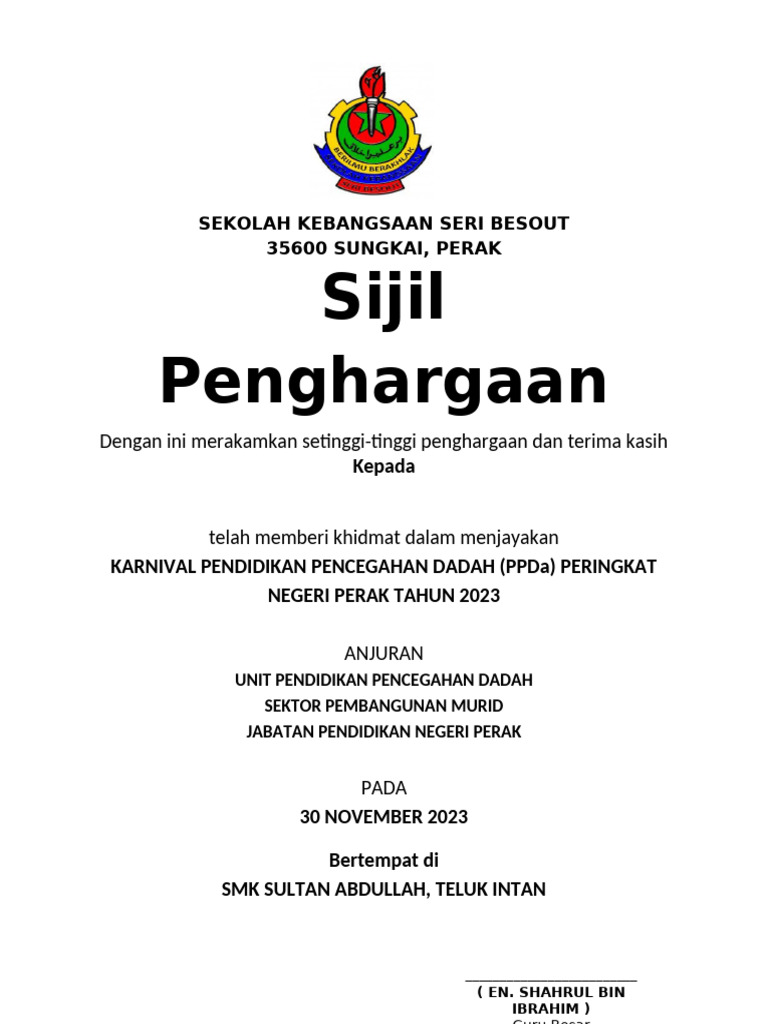 Contoh Sijil Penghargaan - Docx - BORIA | PDF