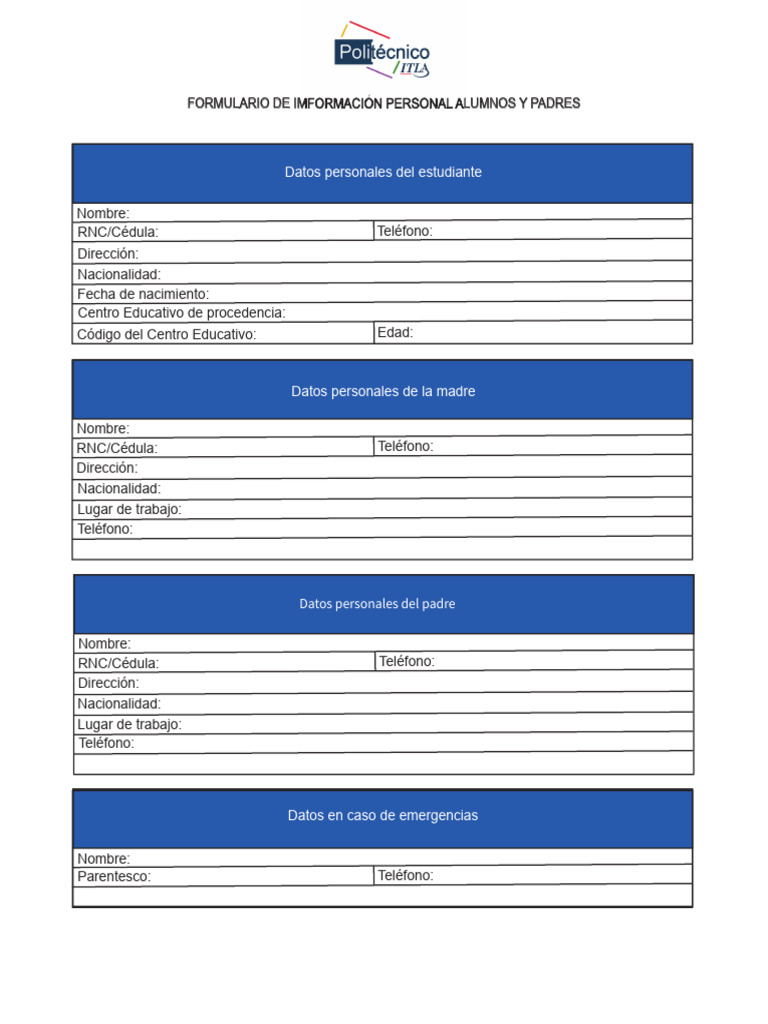 Formulario de Informacion Personal Alumnos y Padres | PDF