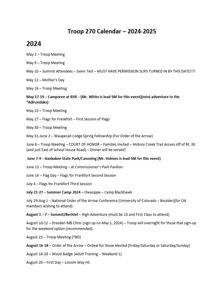 Troop 270 - Calendar As of April 2024 | PDF | Youth Organizations ...