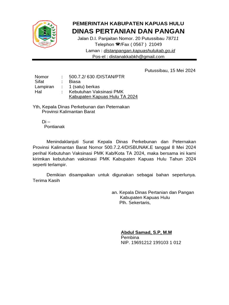 Surat Kebutuhan Vaksi Kapuas Hulu | PDF