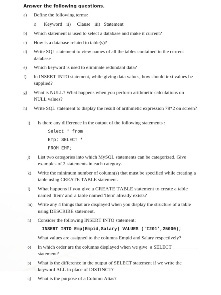 Class 11 & 12 SQL Theory Questions | PDF | Sql | Computer Programming