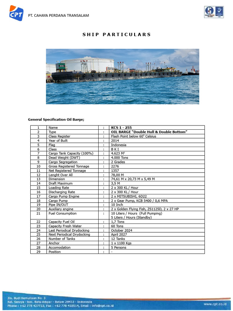 Ship Particullar - OB KCS 1255 | PDF | Shipping | Ships