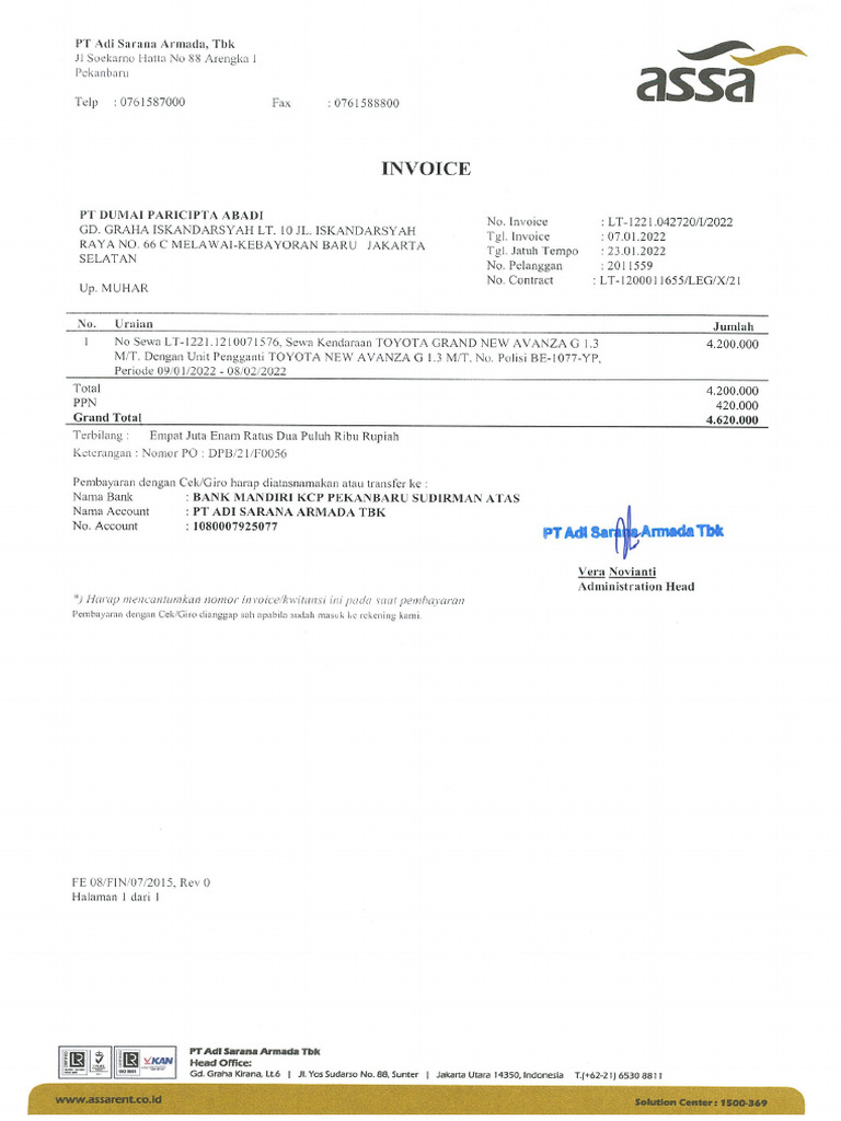 Tagihan Sewa ASSA Rent LT-1221.042720.I.2022 | PDF