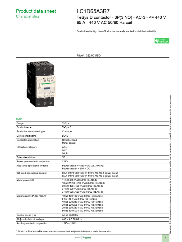 LC1D65 - SCHNIEDER CONTACTOR - Datasheet | PDF | Pollution | Materials