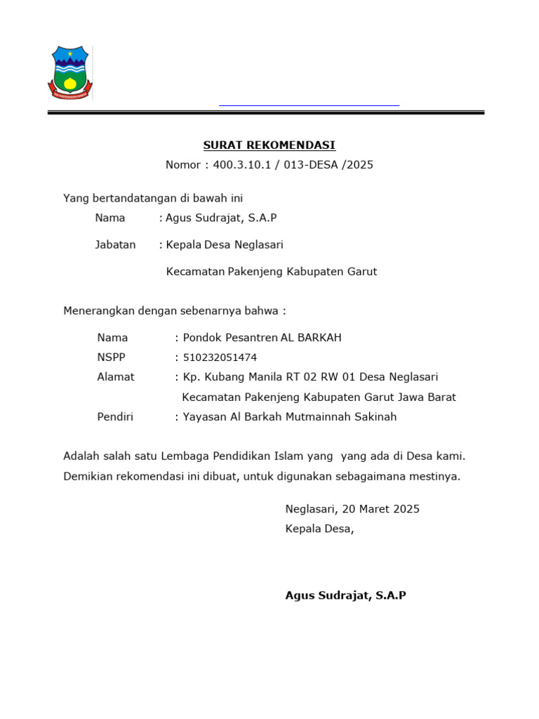 Surat Rekomendasi Pesantren PDF | PDF