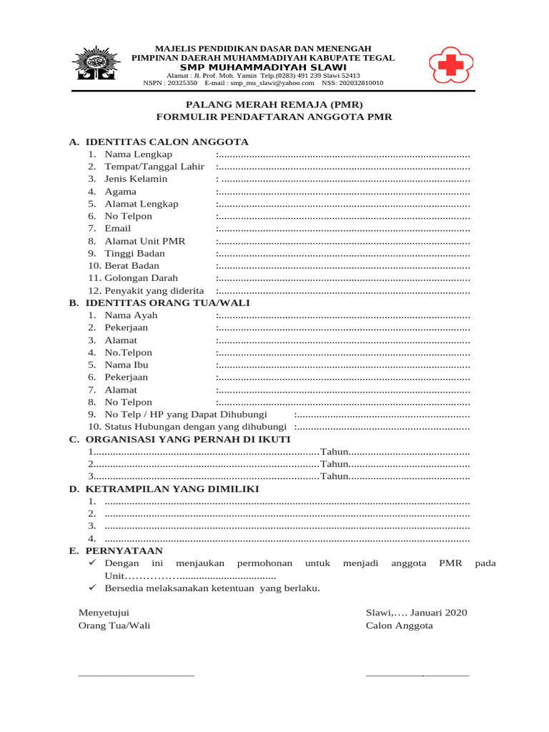 Formulir Pendaftaran Anggota PMR | PDF