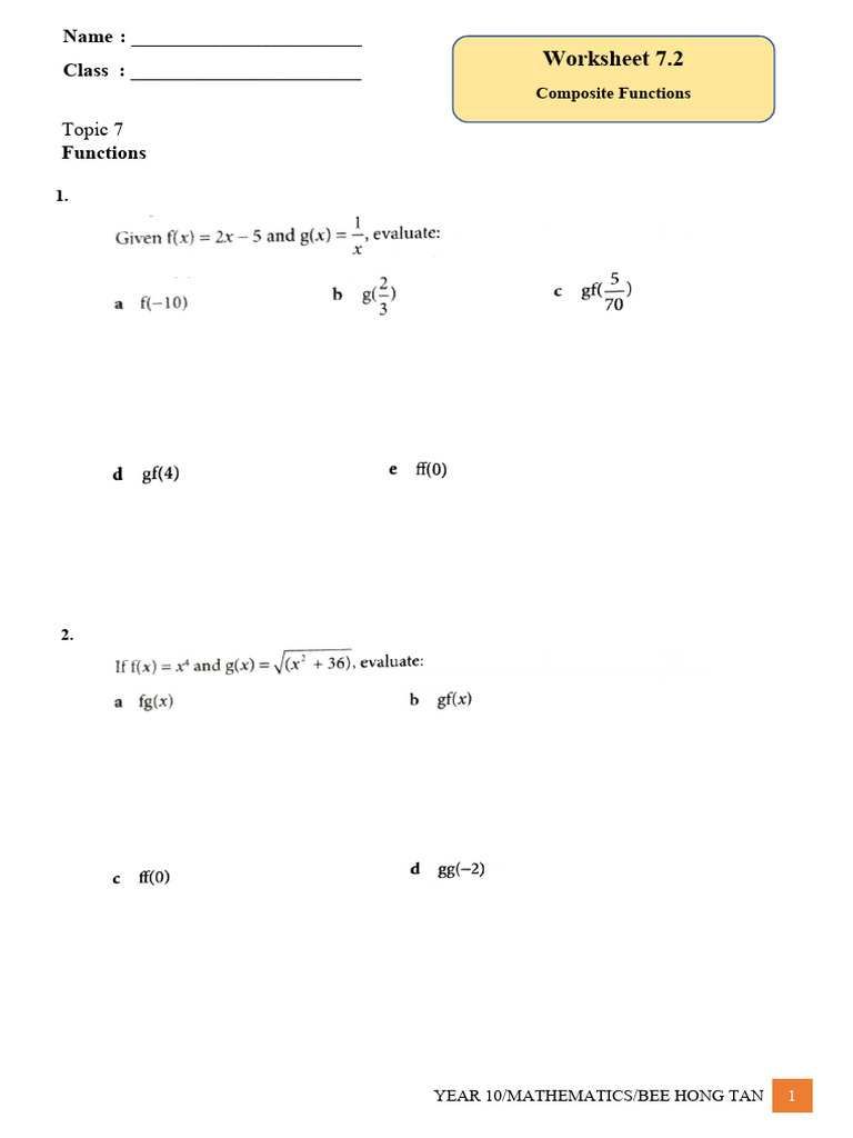 Worksheet 7.2 Composite Functions | PDF