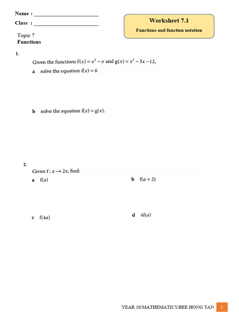 Worksheet 7.1 Functions and Function Notation | PDF