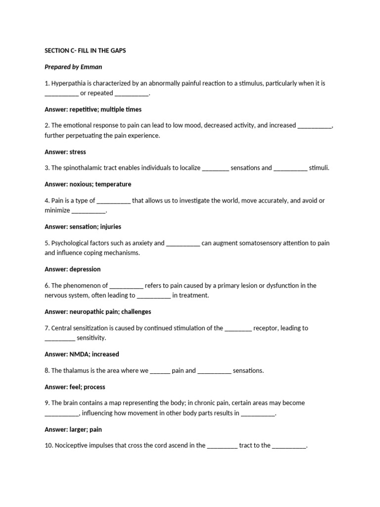 Section C- Fill in the Gaps-1 | PDF | Pain | Stimulus (Physiology)
