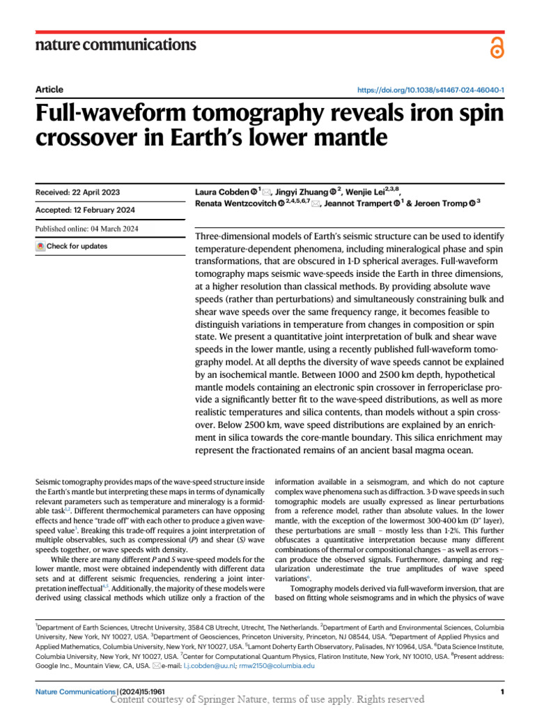 Full-Waveform Tomography Reveals Iron Spin Crossov | PDF | Waves ...