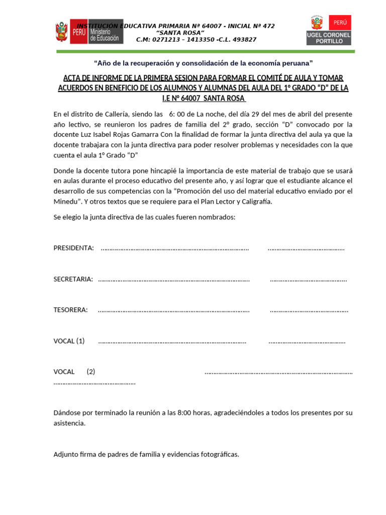 ACTA DE INFORME DE LA PRIMERA SESIÓN CON LOS PPFF | PDF