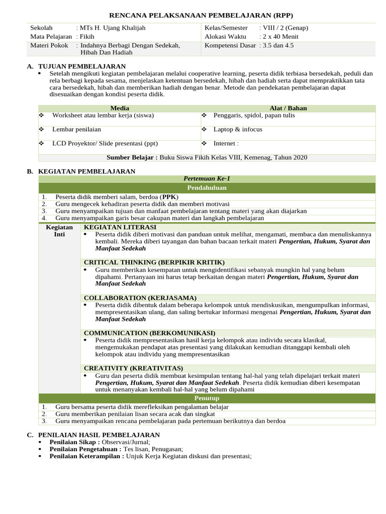 RPP 1 Lembar Fikih Kelas 8 SEM 2 | PDF