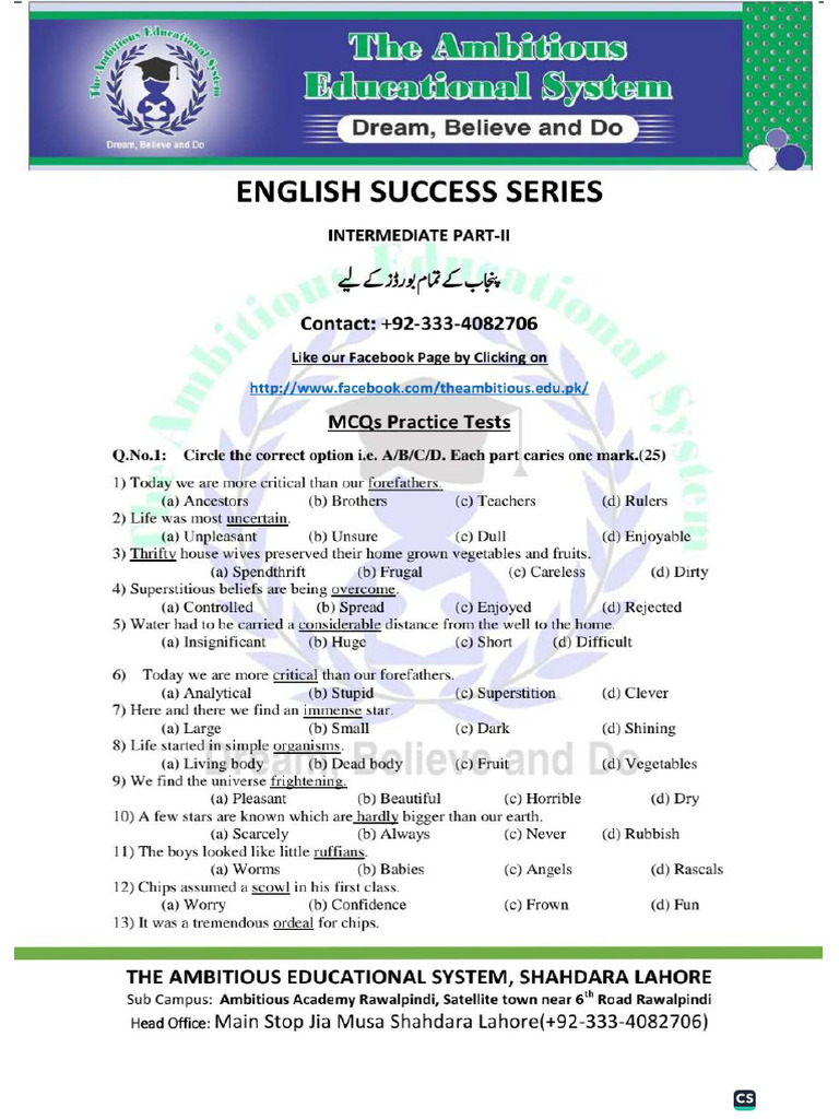 Ambitious 2nd Year English Success Series (All Punjab) - 1-1-1 | PDF