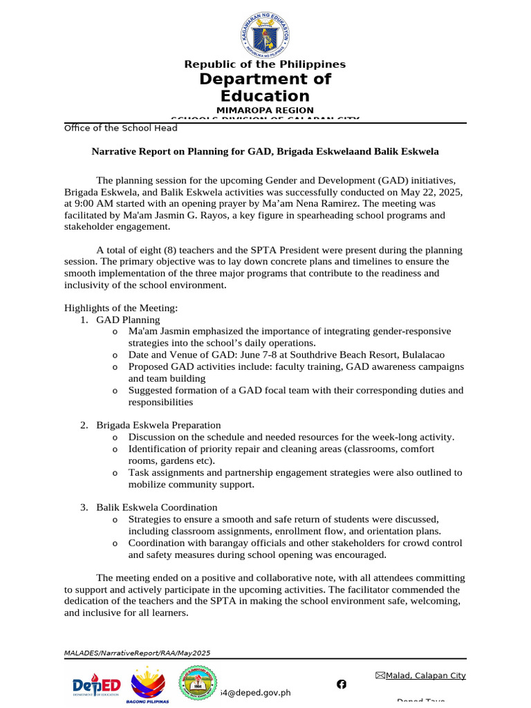 Narrative Report On PLANNING For BE GAD | PDF | Learning