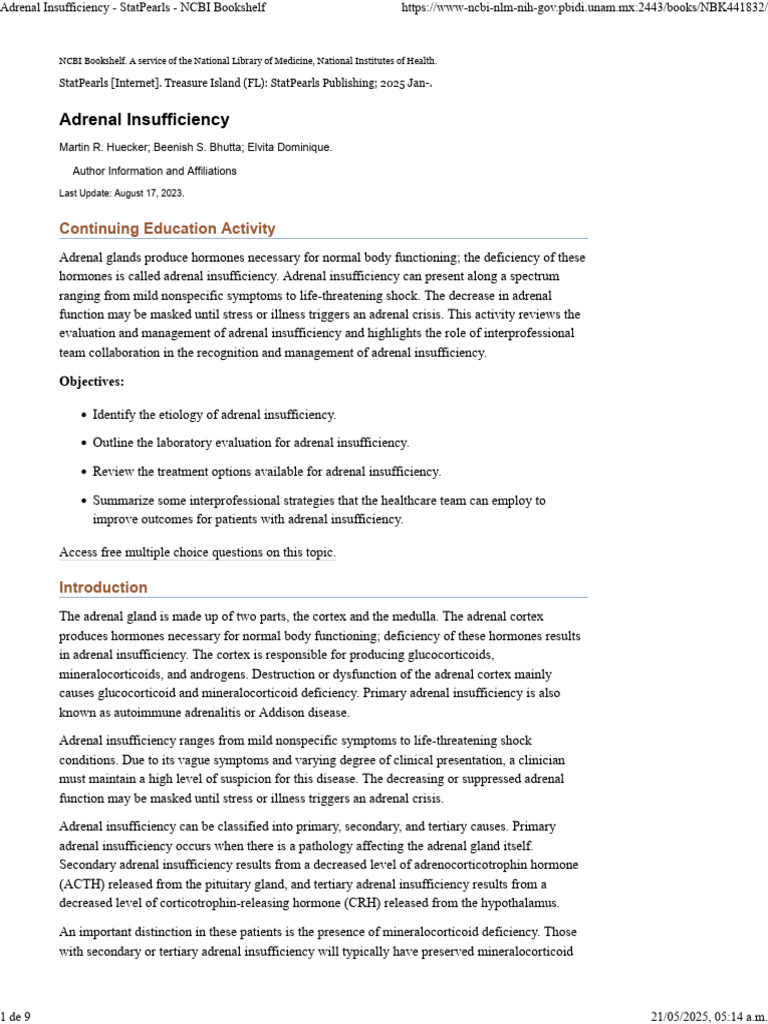 Adrenal Insufficiency - StatPearls - NCBI Bookshelf | PDF | Adrenal Gland | Endocrine System