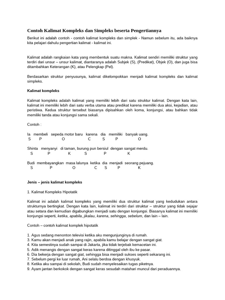 Contoh Kalimat Kompleks Dan Simpleks Beserta Pengertiannya | PDF