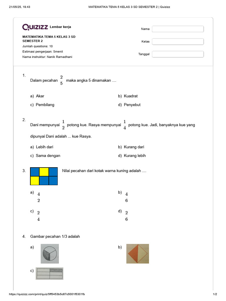 MATEMATIKA TEMA 5 KELAS 3 SD SEMESTER 2 - Quizizz | PDF