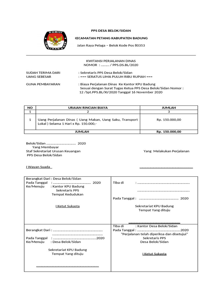Perjalanan Dinas PPS Desa Belok | PDF