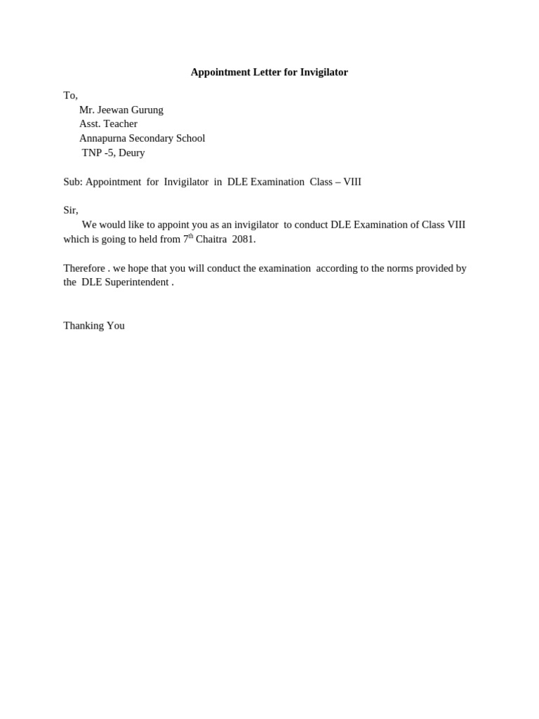 Appointment Letter For Invigilator | PDF