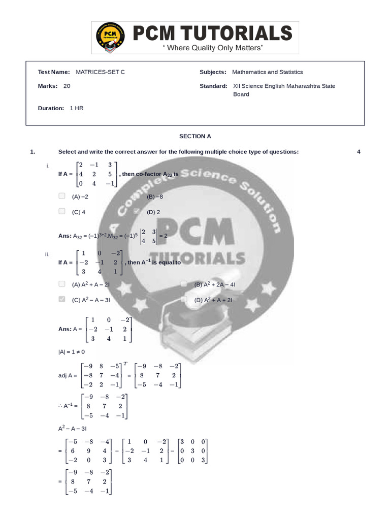 Answer Key Matrices Set C | PDF | Matrix (Mathematics) | Functions And Mappings