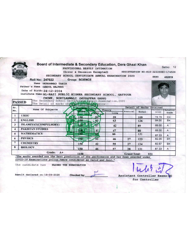 Matric Result Card | PDF