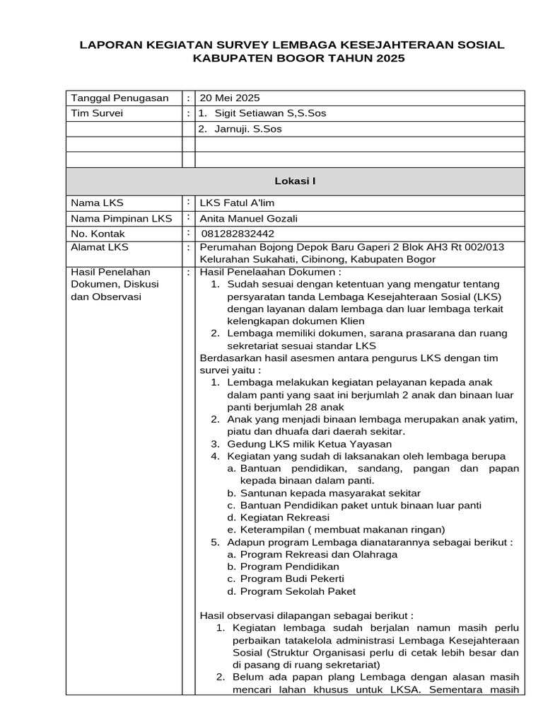 Laporan Survey LKS Fatul A'lim 2025 | PDF