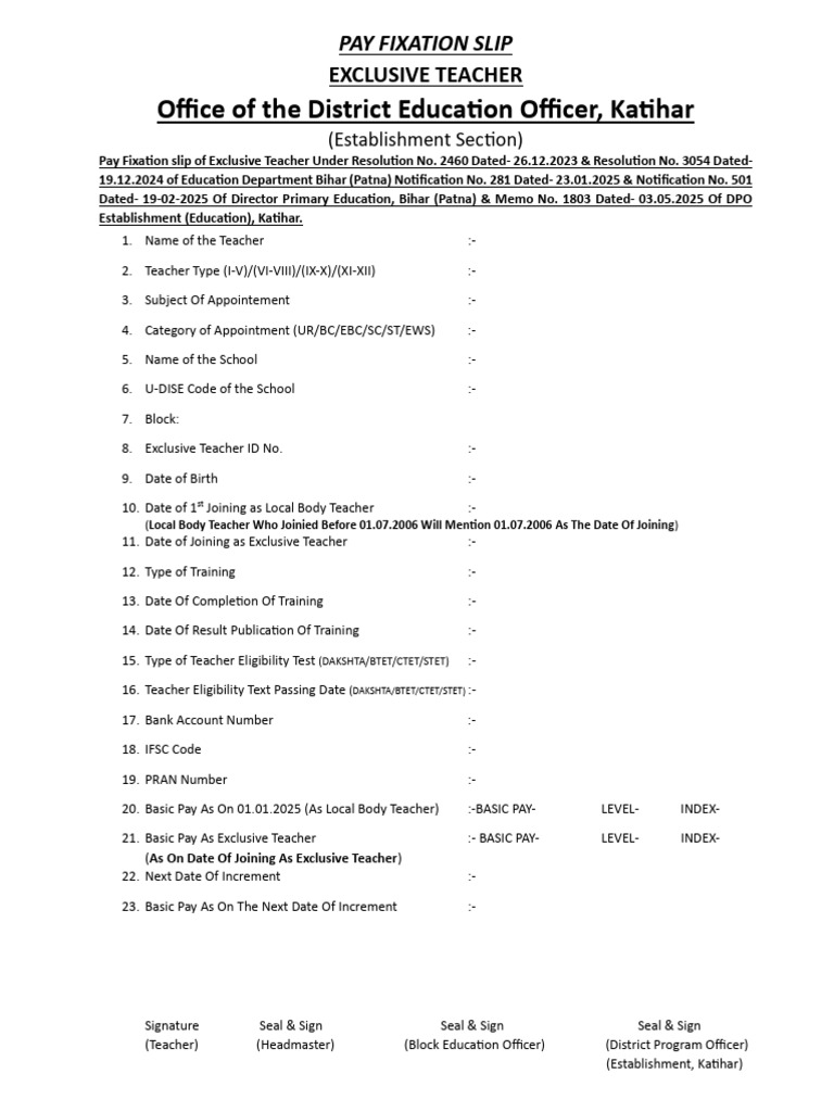 Bihar Exclusive Teacher Pay Slip | PDF