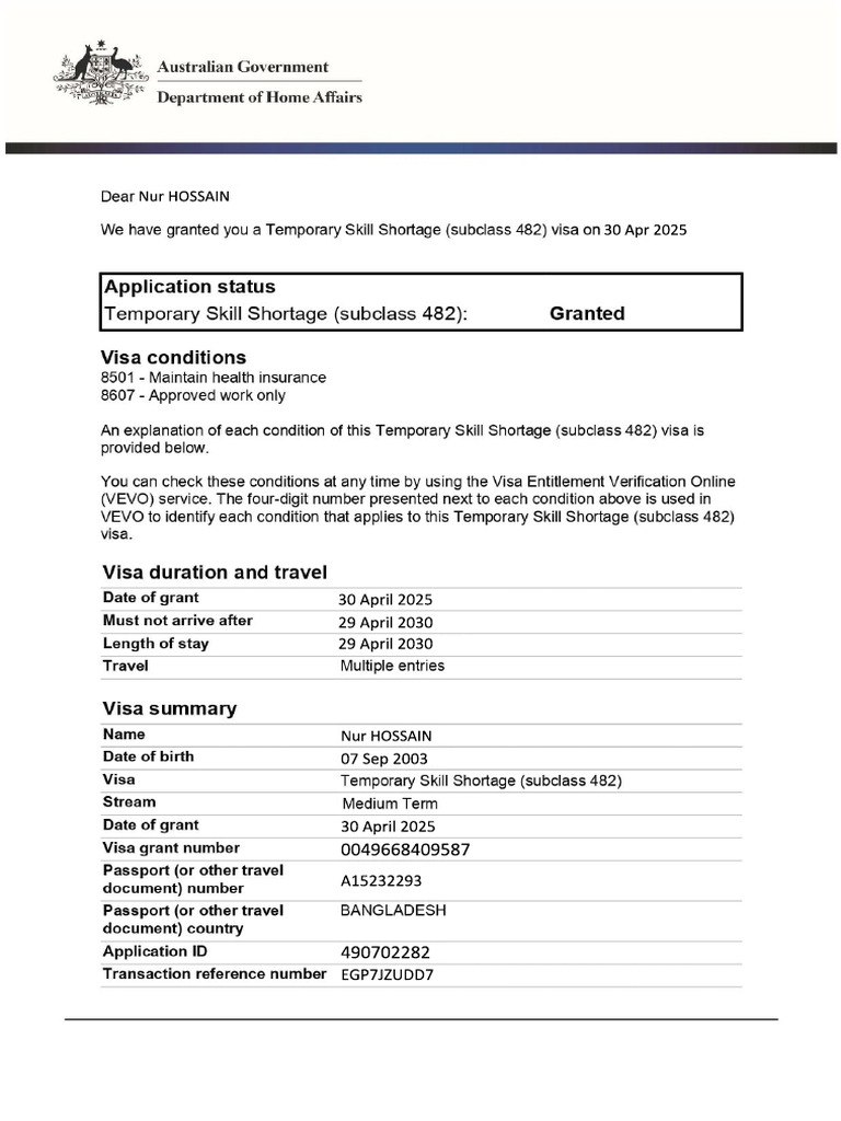 A15232293 Nur Hossain Granted | PDF