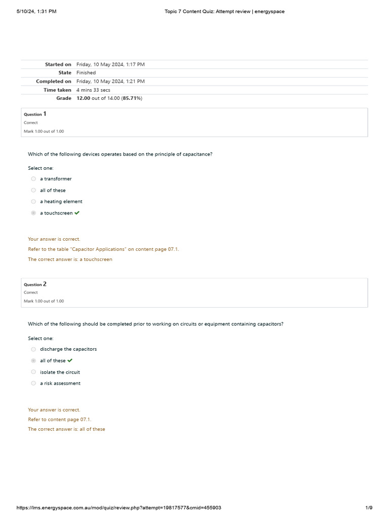 Topic 7 Content Quiz - Attempt Review - Energyspace | PDF | Capacitor ...