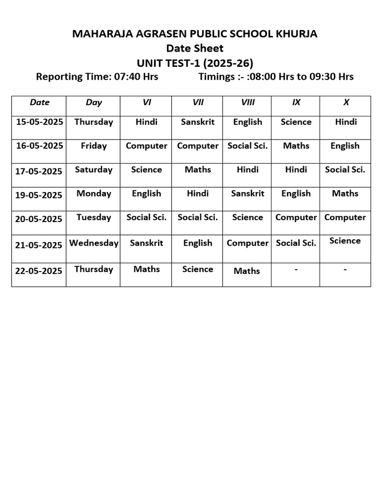 Date Sheet 6-10 of UT-1 (2025-26) | PDF