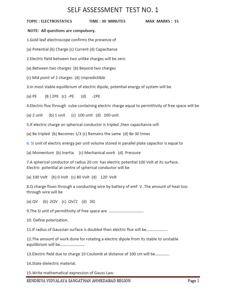 Self Assessment Test - 1 | PDF | Dielectric | Electric Field