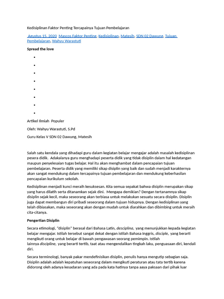 Kedisiplinan Faktor Penting Tercapainya Tujuan Pembelajaran | PDF