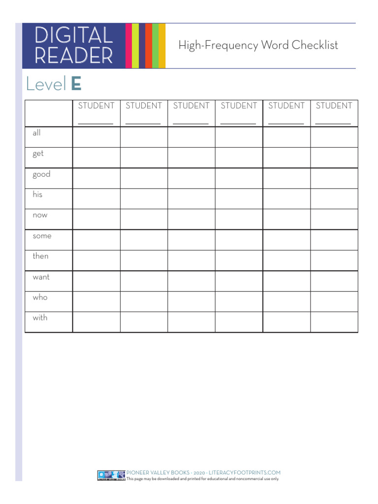 High Frequency Word Checklist Kinder Level e | PDF