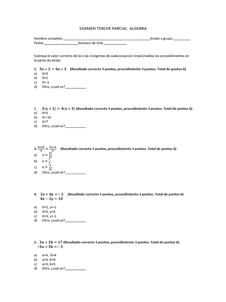 Examen Tercer Parcial Algebra | PDF