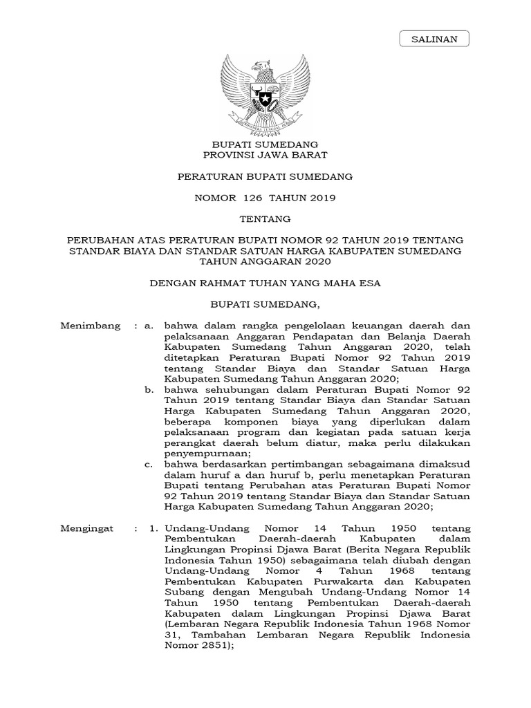 Perbup 126 Th 2019 ttg Perubahan Standar Biaya 2020 (1) | PDF