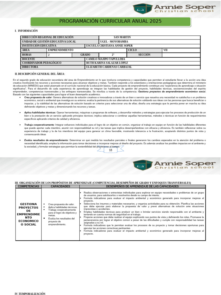 Programacion Anual Emprendimiento-2do Sec | PDF | Iniciativa empresarial | Enseñando