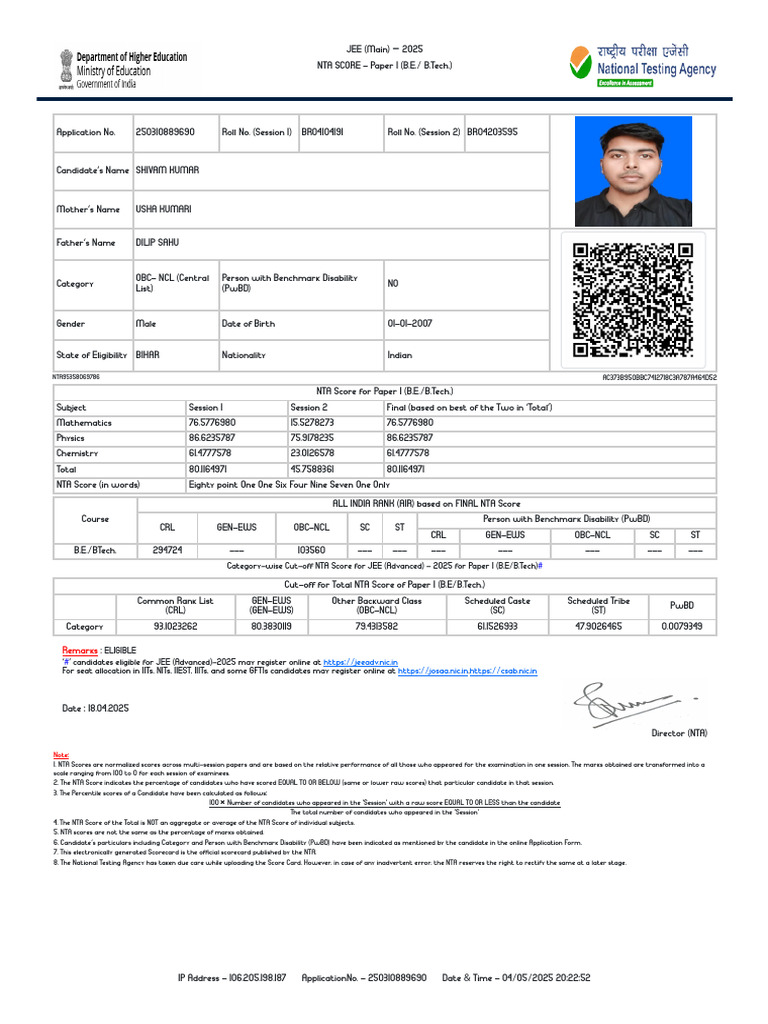 JEE Main 2025 Scorecard for Shivam Kumar | PDF | Student Assessment And ...