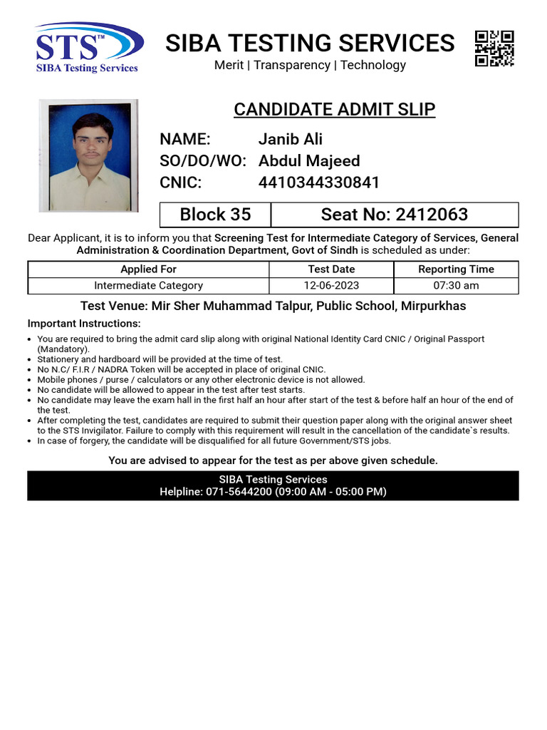 Siba Testing Services: Candidate Admit Slip | PDF