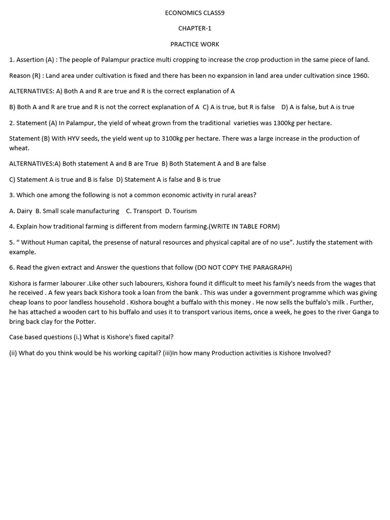 ECONOMICS CLASS9 PRACTICE WORK | PDF