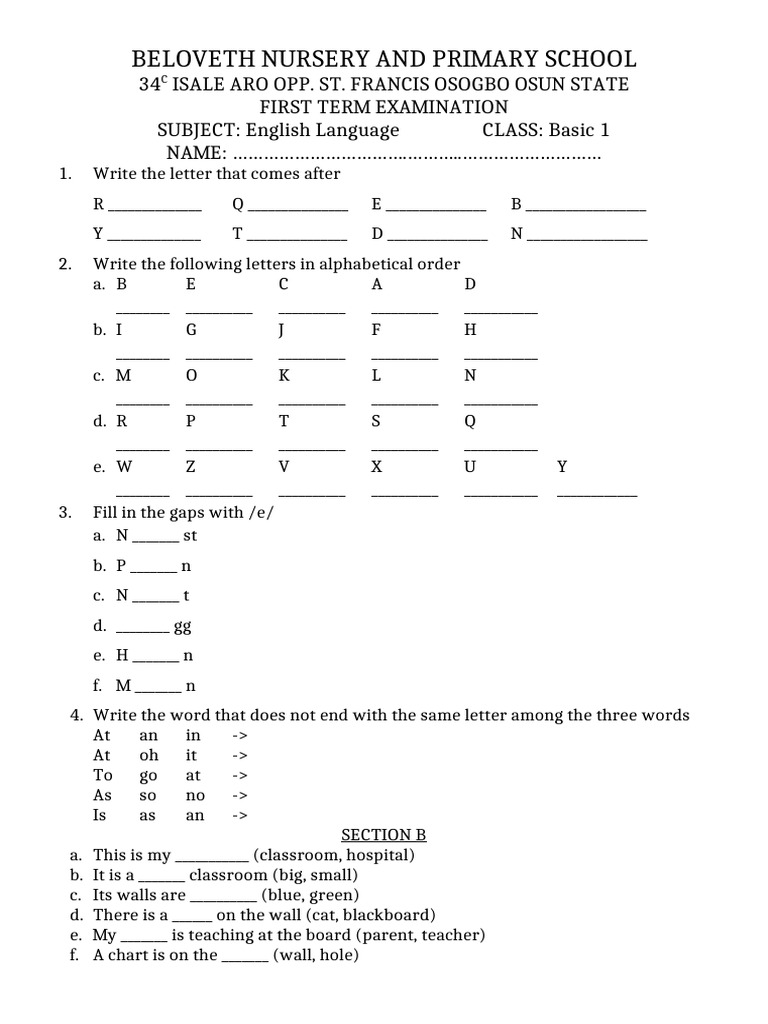 Primary 1 First Term Exam Papers | PDF | Room