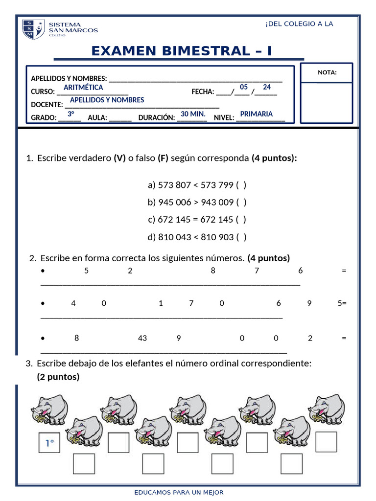 ARIT. 3ero EXAMEN BIMESTRAL 2024 | PDF