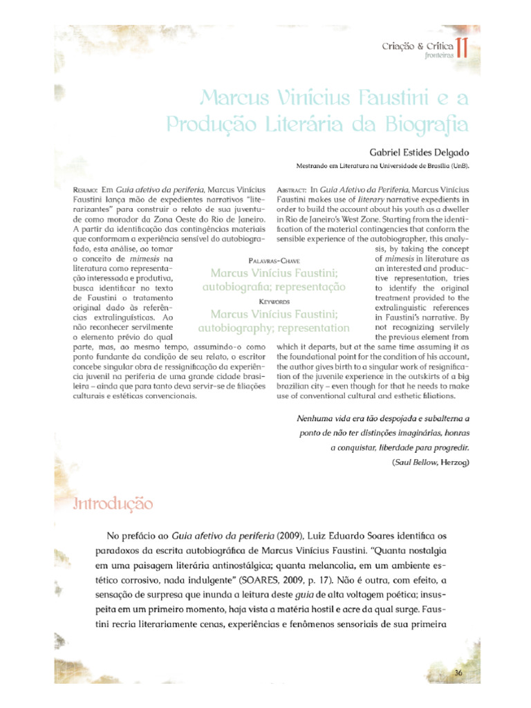 Marcus Vinícius Faustini e A Produção Literária Da Biografia - Gabriel ...