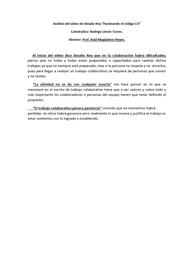 Analisis Del Video Amalio Rey Prof. Raul Magdaleno Reyes | PDF