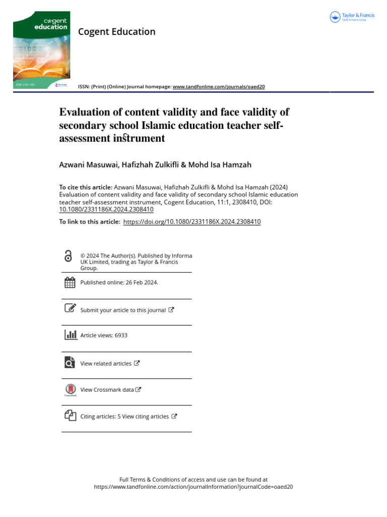 Evaluation of Content Validity and Face Validity of Secondary School Islamic Education Teacher ...