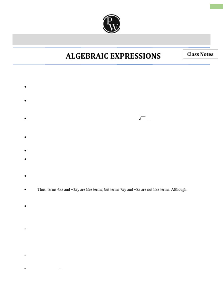 Algebraic Expressions - Short Notes | PDF | Area | Factorization