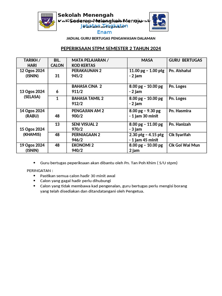 Jadual Tugas Guru STPM 2 | PDF