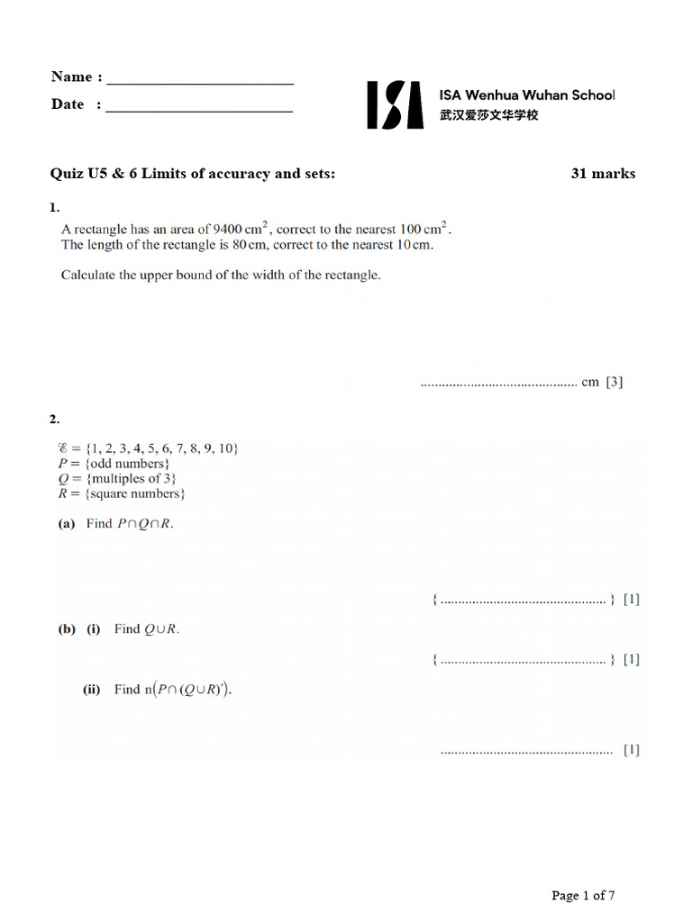 Quiz U5 & 6 Limits of Accuracy and Sets | PDF