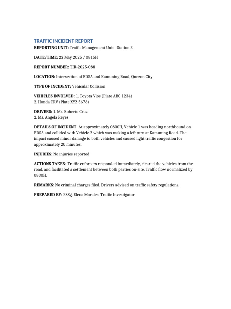 Quezon City Traffic Incident Report | PDF