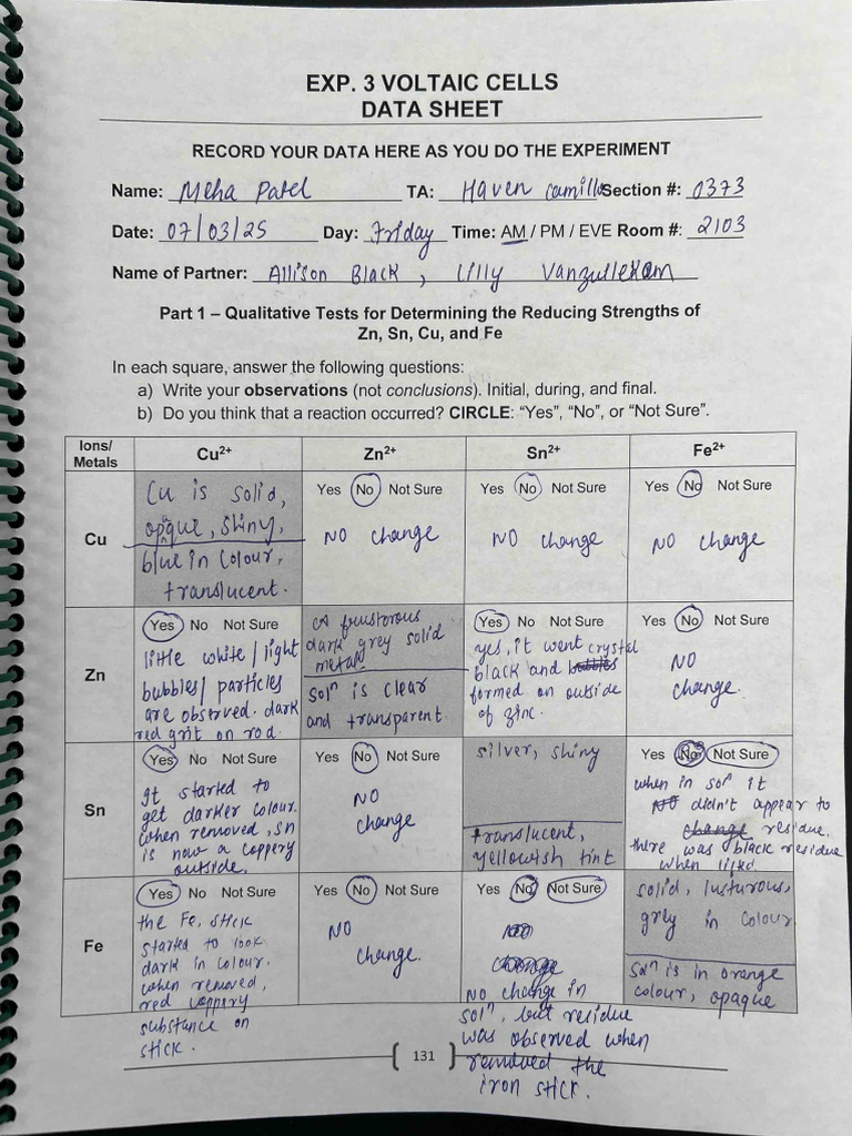 Exp 3 Chem 1050 Data Sheet | PDF | Chemical Elements | Chemistry
