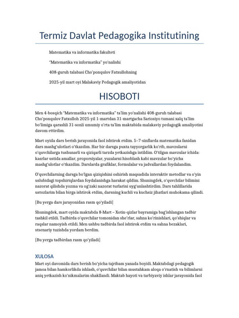 Mart Oyi Hisobot | PDF